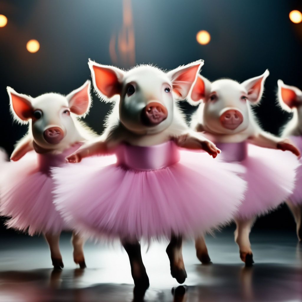 "A group of little pigs dressed in tutu skirts dance on stage, photo ...
