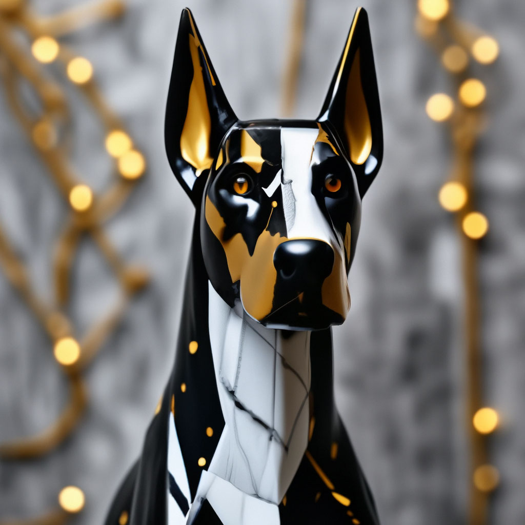 "Doberman made of white and black marble, golden splashes, glow ...