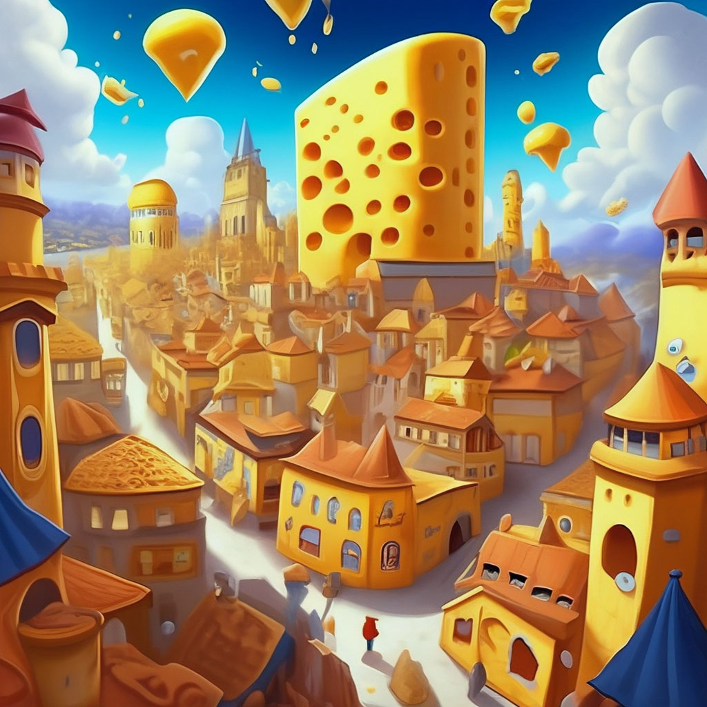 "The city of cheese, fantasy, cartoon" — image created in Shedevrum