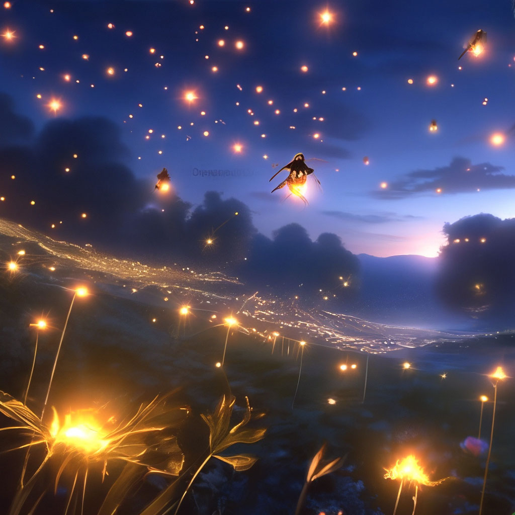 "Fireflies hovering in the twilight . realistic, high resolution, high ...