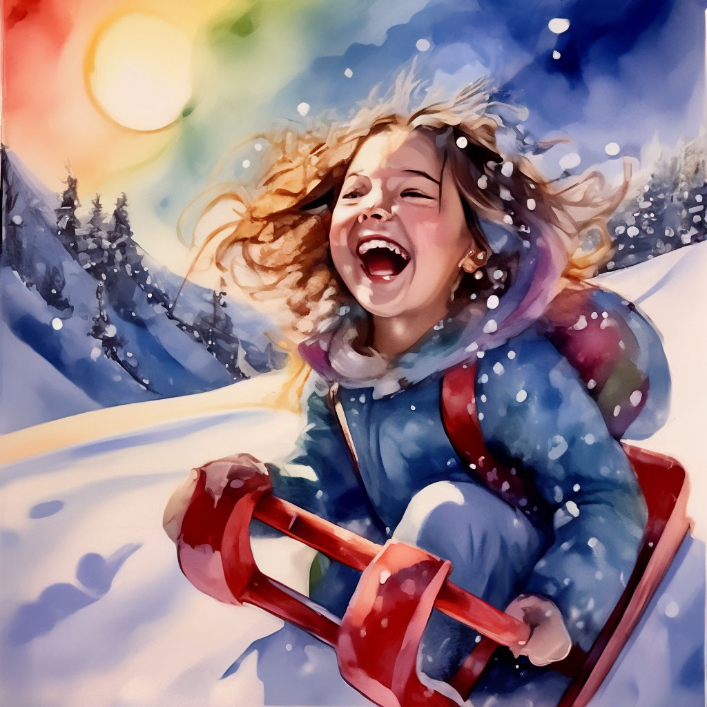 "A girl rides a sled from the mountain laughter joy happiness snow sun ...