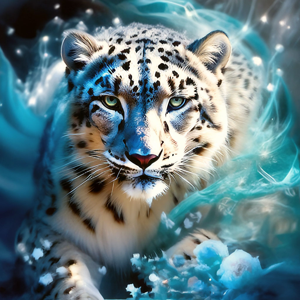 "Magic snow leopard, whole body, winter bouquet, delicate smoke, pearls ...