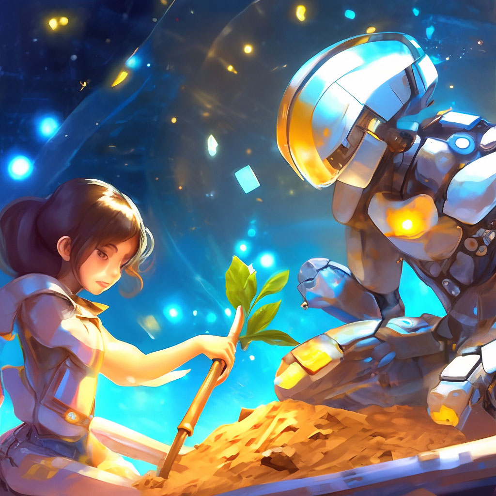 "Fantasy art, plastic art: A male robot is digging with a shovel, and a ...