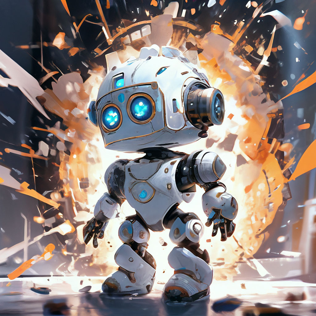 "explosion of a cute little white robot with a face pattern on its face ...