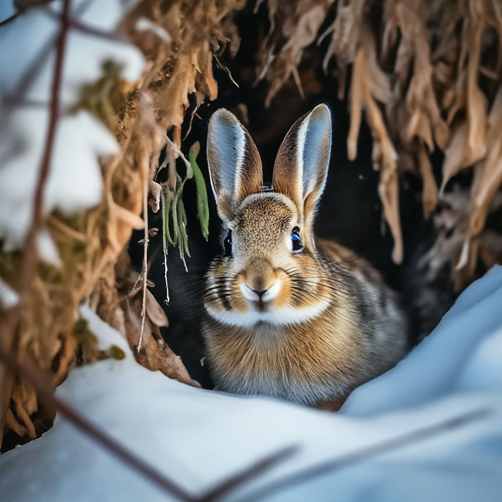 "A little rabbit in the winter forest hides from predators" — image ...
