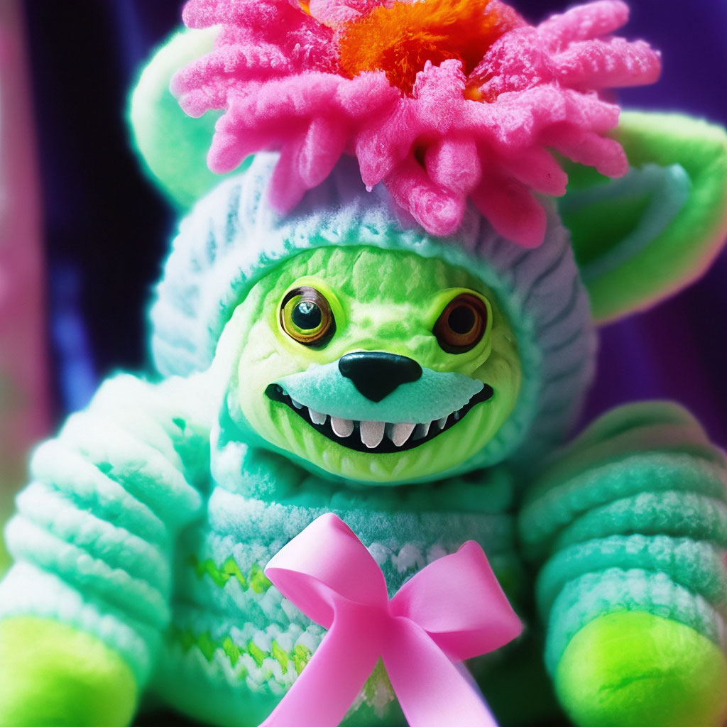 "A small delicate plush chupacabra in a sweater and a hat, a scarf of ...