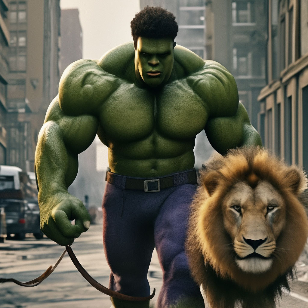 "Hulk walks a lion on a leash through the city streets, cinematic ...