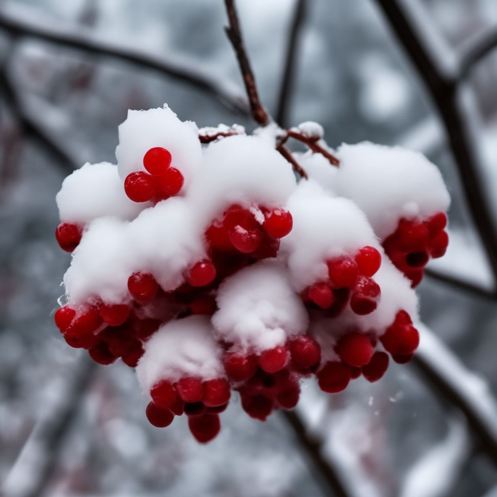 "Snow on a bunch of mountain ash" — image created in Shedevrum