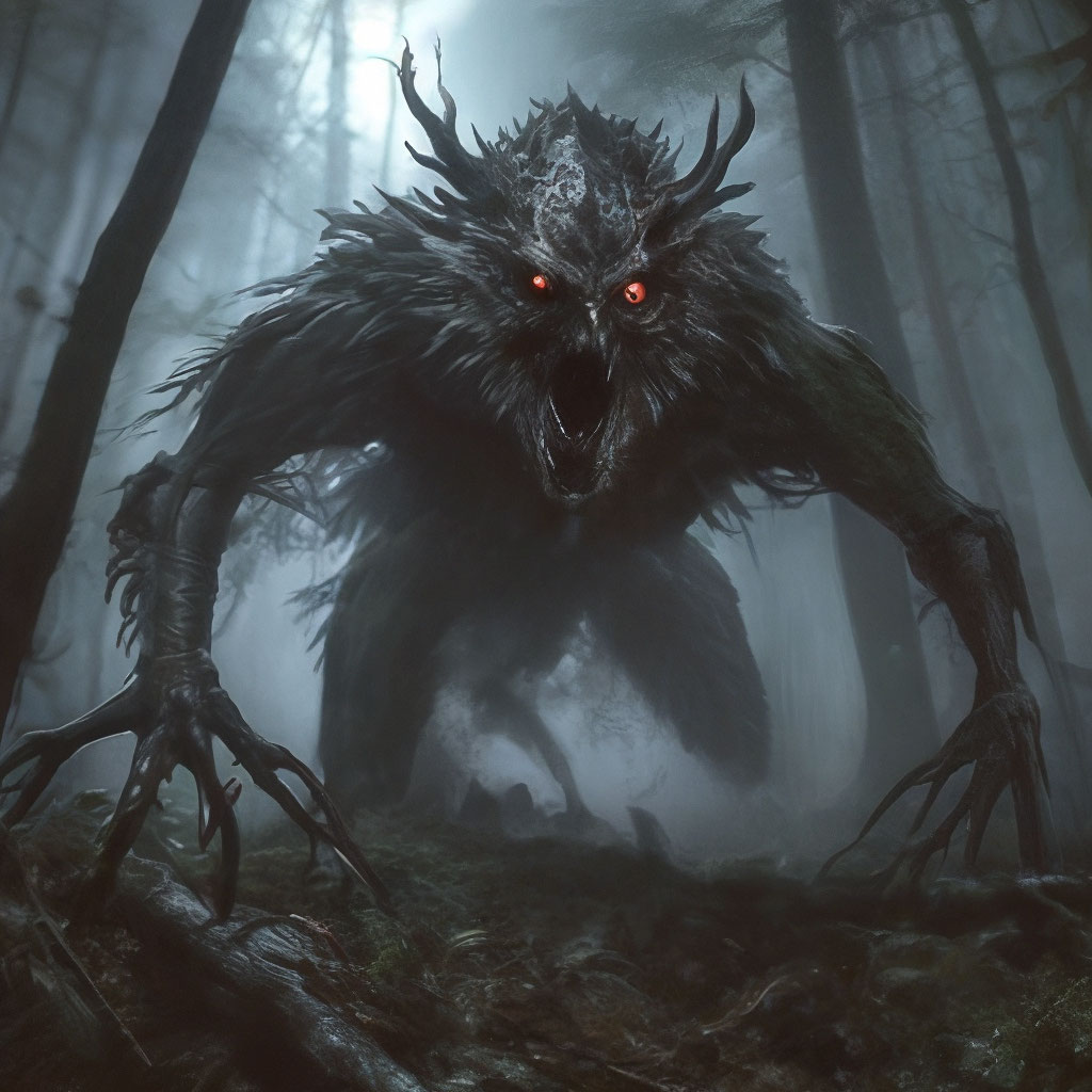 "A scary creature in the night forest. very scary and super realistic ...
