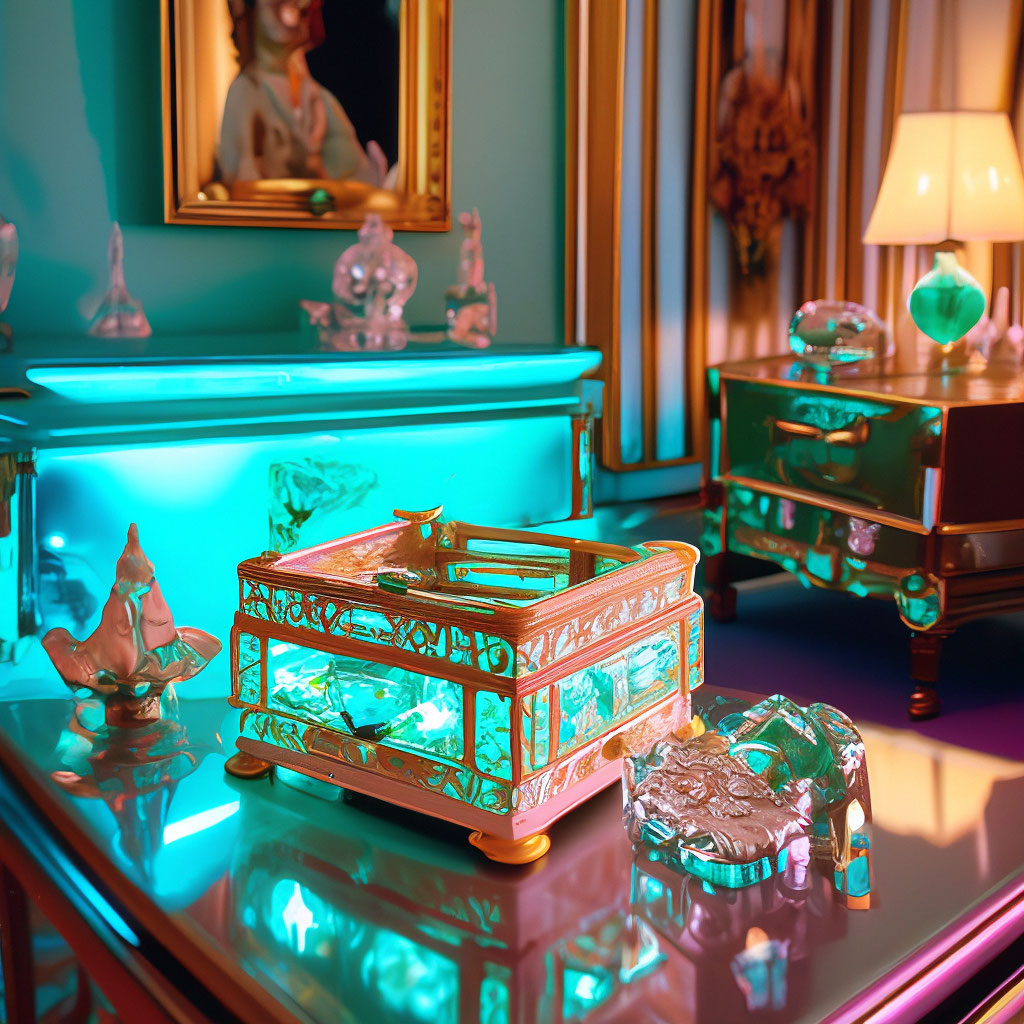 "An open small carved ivory casket filled with jewels, rubies, diamonds ...