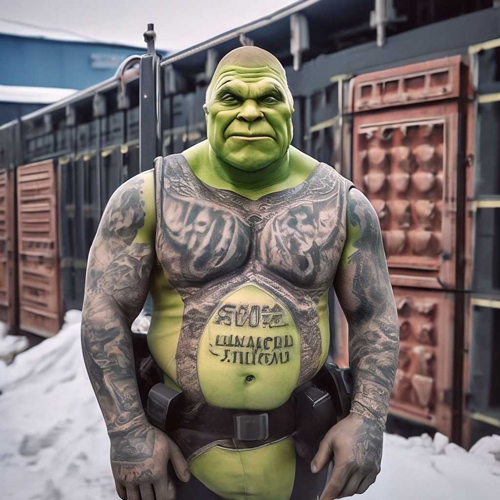 "Shrek's whole body is covered with Soviet-era prison-themed tattoos ...