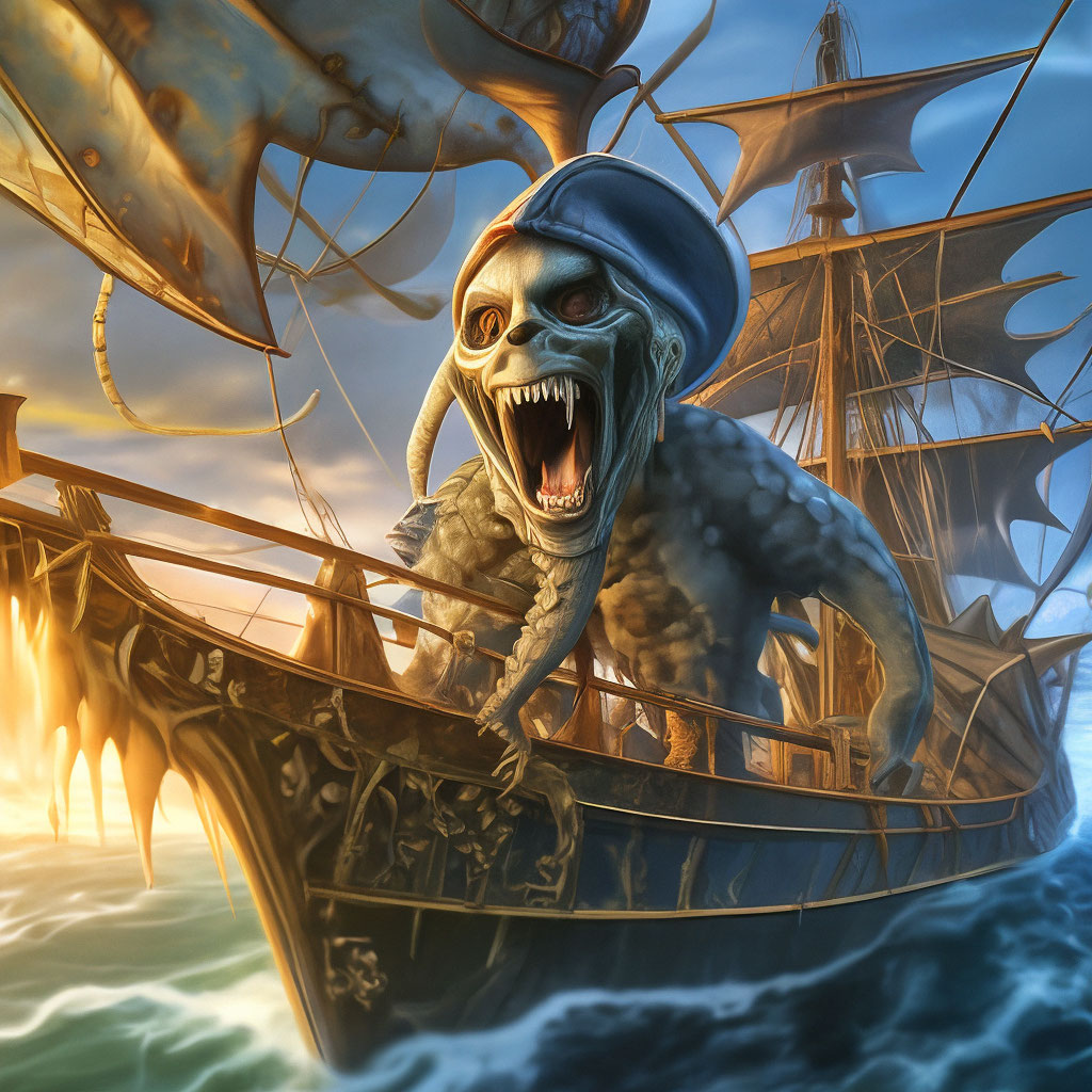 "On a huge ghostly sailing ship flying over the ocean, a hybrid octopus ...
