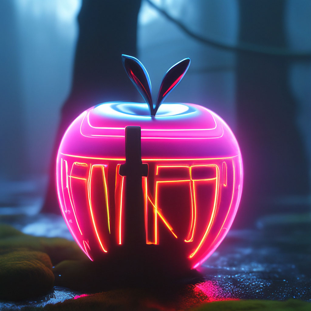 "Neon apple with peace inside" — image created in Shedevrum