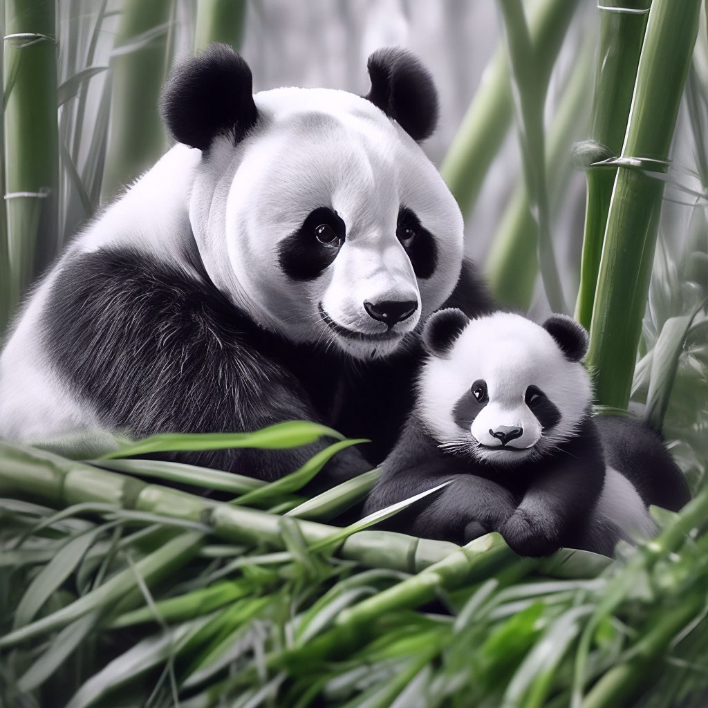 "Black and white, highly detailed digital painting, panda sitting ...
