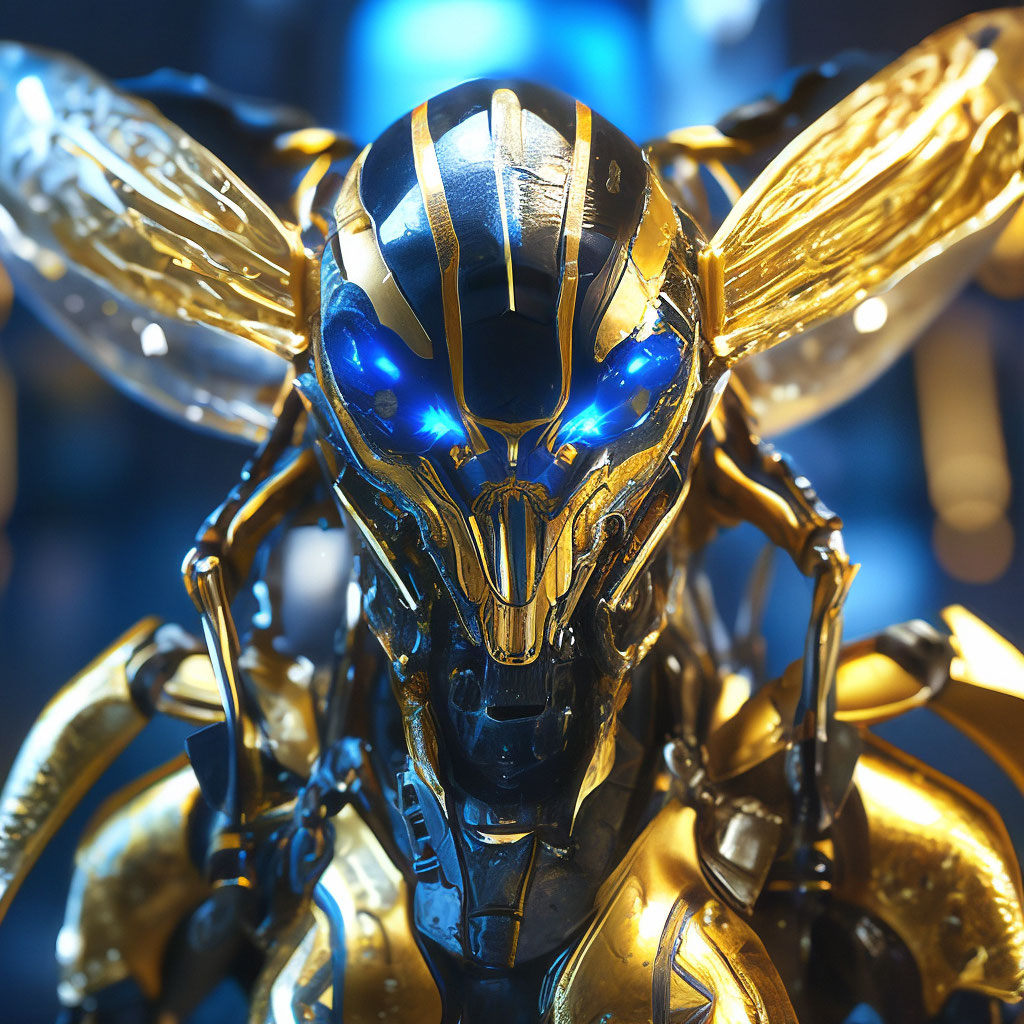 "Alien wasp robot, black and gold with blue diamond eyes ...