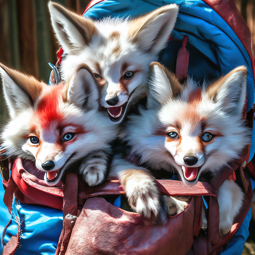 "Realistic, 3 small multicolored fluffy fox fennec: white, red, black ...