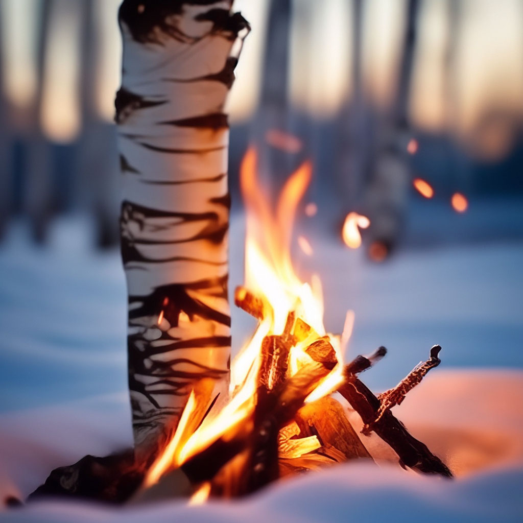 "Winter small fire🔥 under a birch tree, aesthetically pleasing ...
