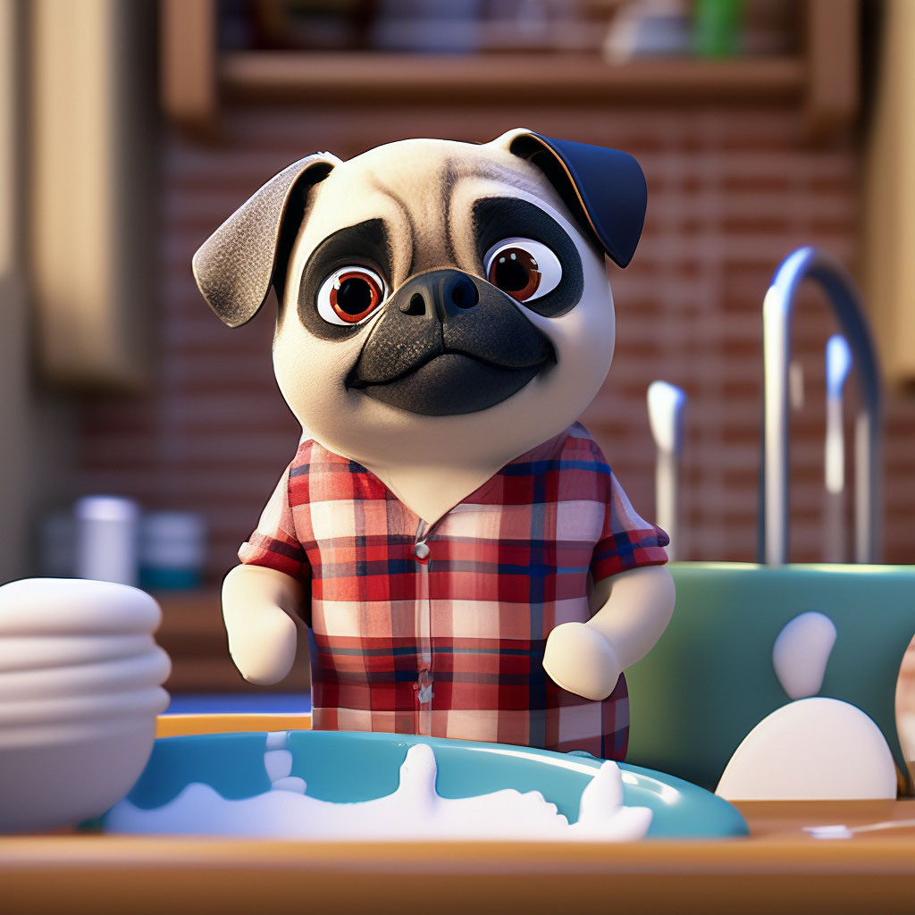 "A Pixar-style pug in a plaid washes dishes" — image created in Shedevrum