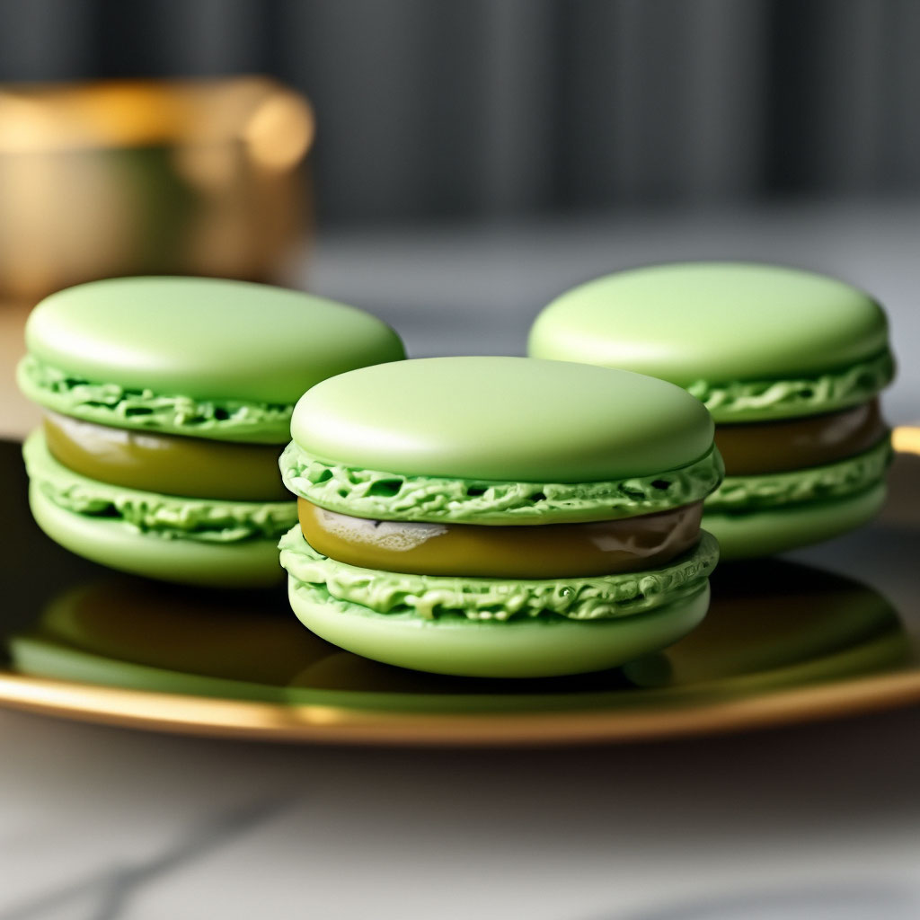 "Фисташковый макарун dessert on a plate,three macaroons,,|, realistic ...