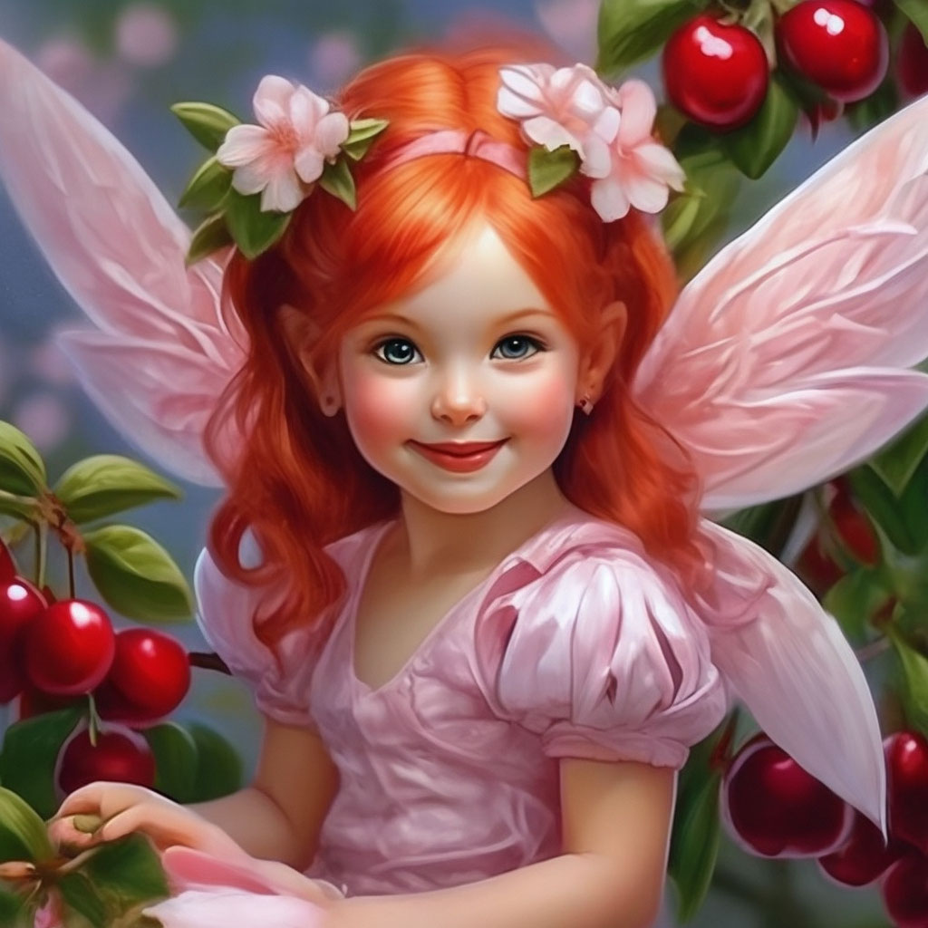 "Fantasy micro little fairy with wings, big eyes, red hair with ...