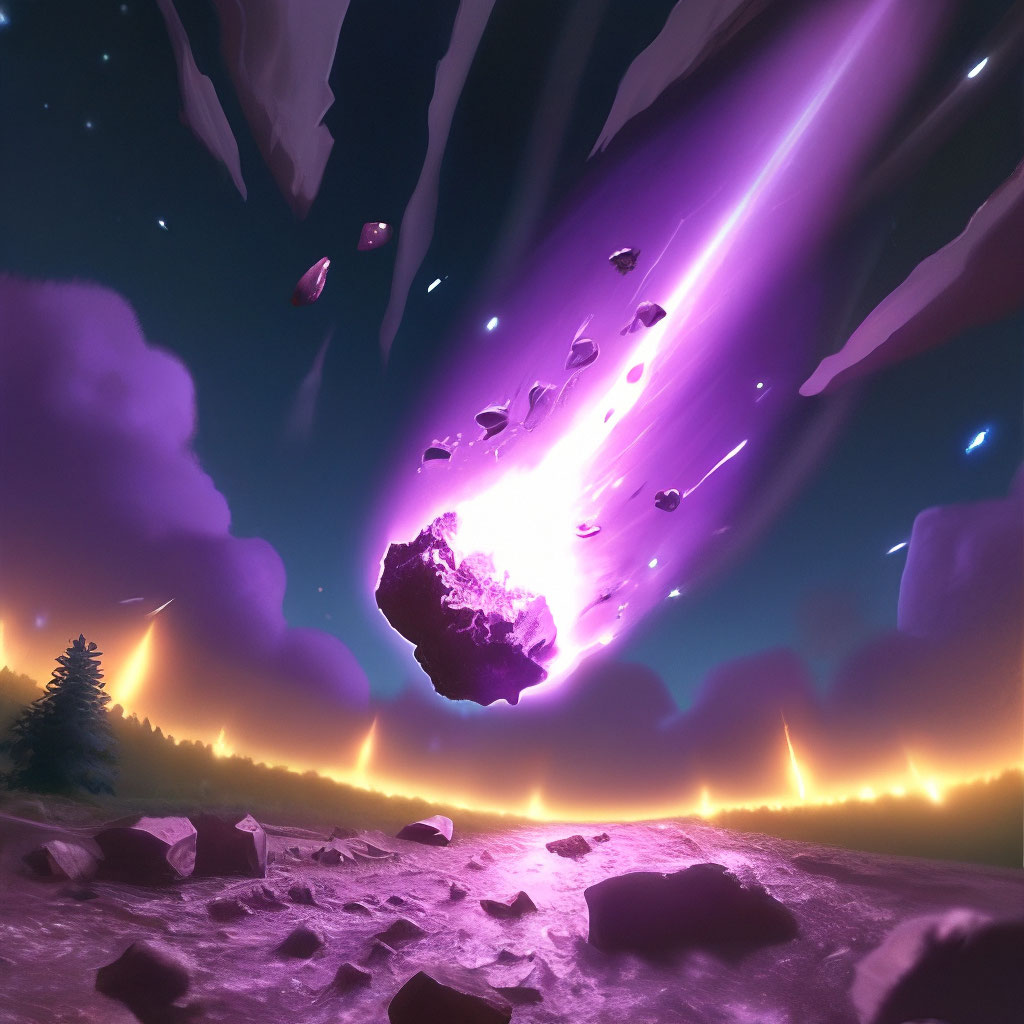"A meteorite emitting a purple glow is flying into the ground" — image ...