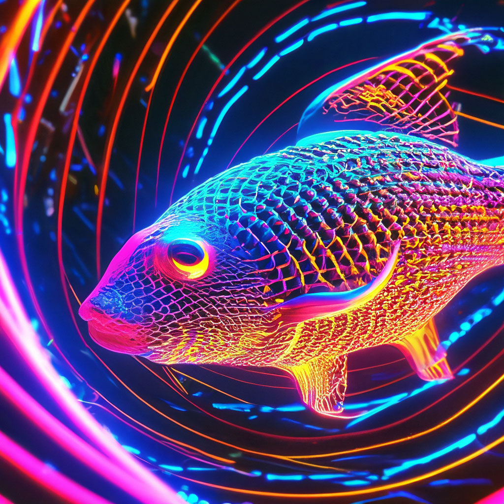 "A huge fish swims through a logarithmic spiral of spirals with ...