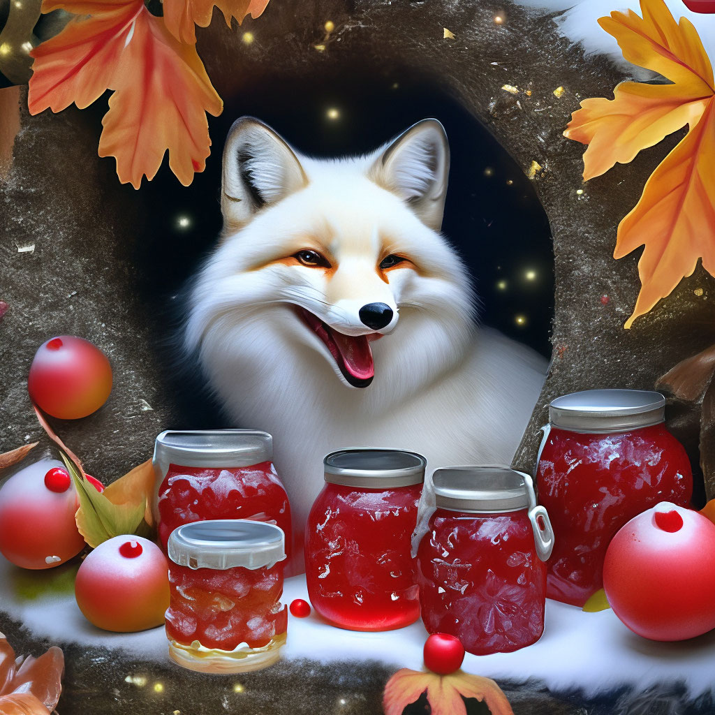 "A cunning snow-white fox stole several jars of jam from rowan berries ...