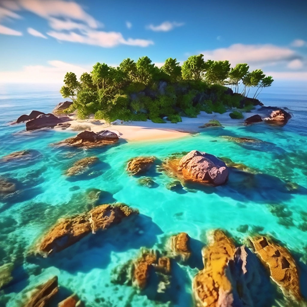 "Colorful uninhabited island in the middle of the azure ocean, 32k ...
