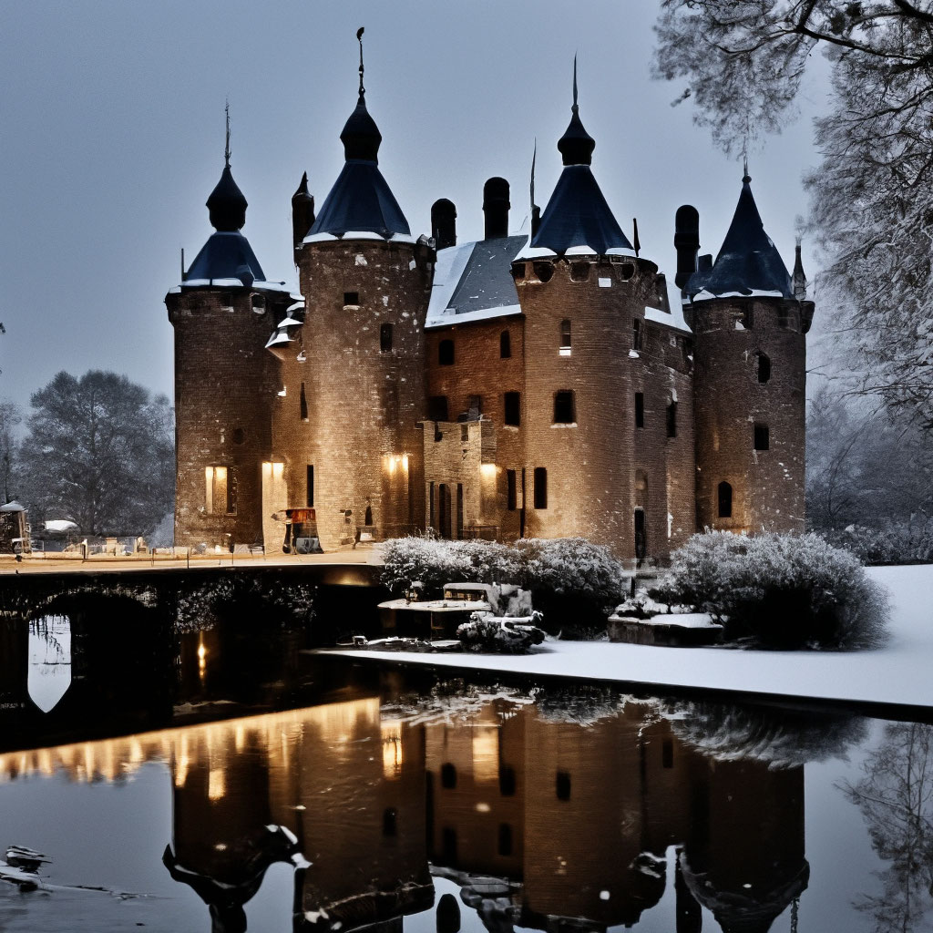 "Bornem castle,snow,christmas decorations" — image created in Shedevrum