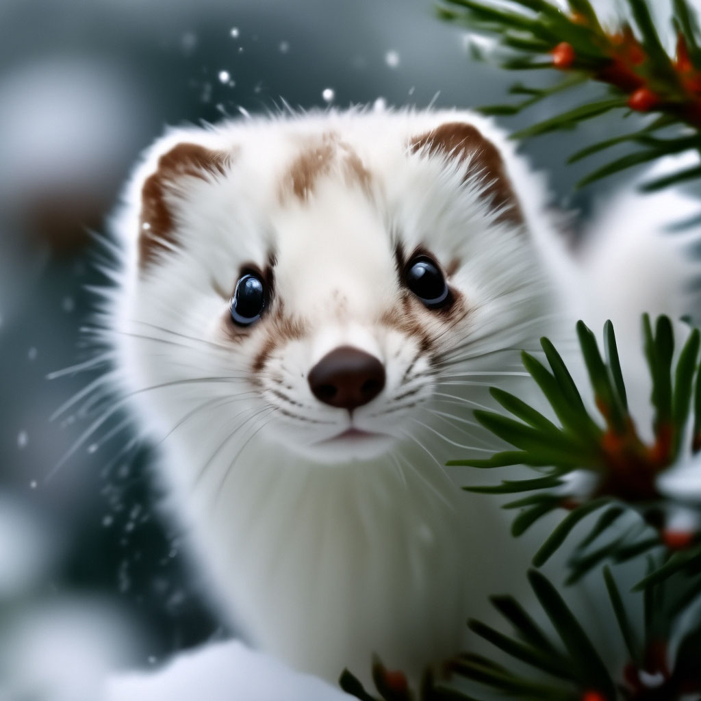 " Snowfall, blue spruce, cute fluffy white weasel peeking out from ...