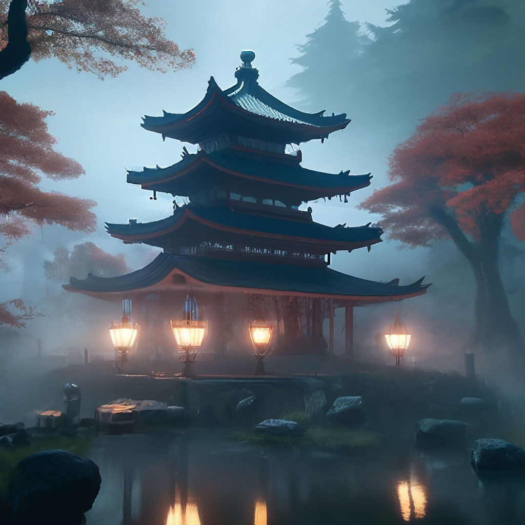 "Ghostly pagoda in the mist of centuries, in the style of oil paintings ...