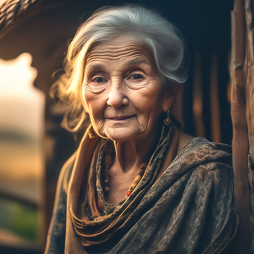 "A very old old lady near an old hut, realistic, beautiful ...