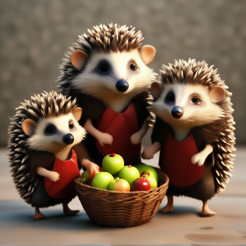 "Animated cheer ful hedgehog family carry apples" — image created in ...