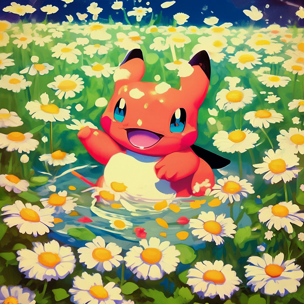 "Pokemon, bathed in daisies, selfish" — image created in Shedevrum
