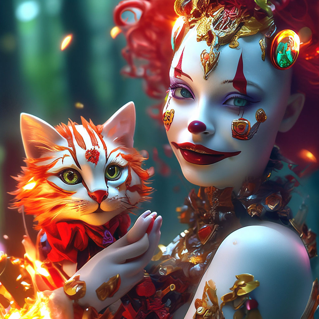 "Hyperrealistic anthropomorphic cyborg clown with red curls playing ...