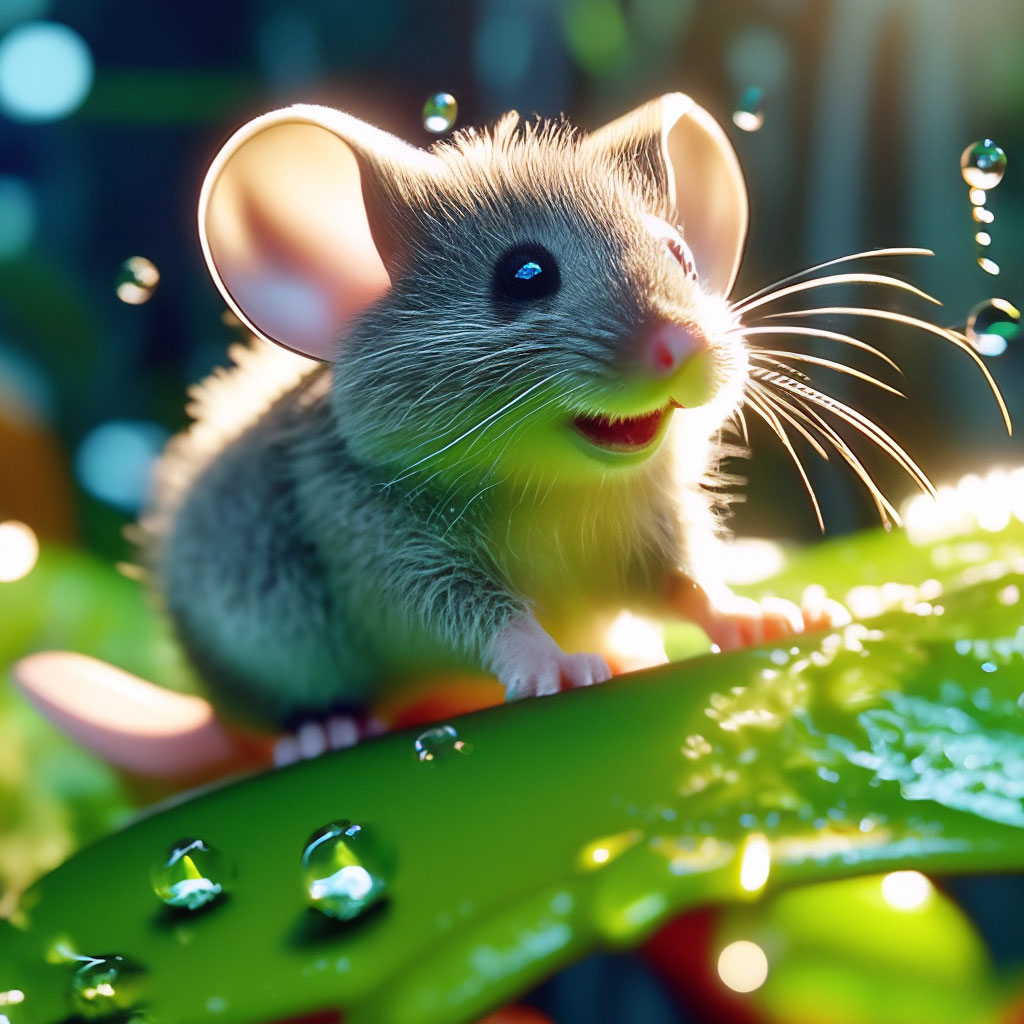 "A cheerful, tiny, fluffy mouse sits on a green leaf, looks like a ...