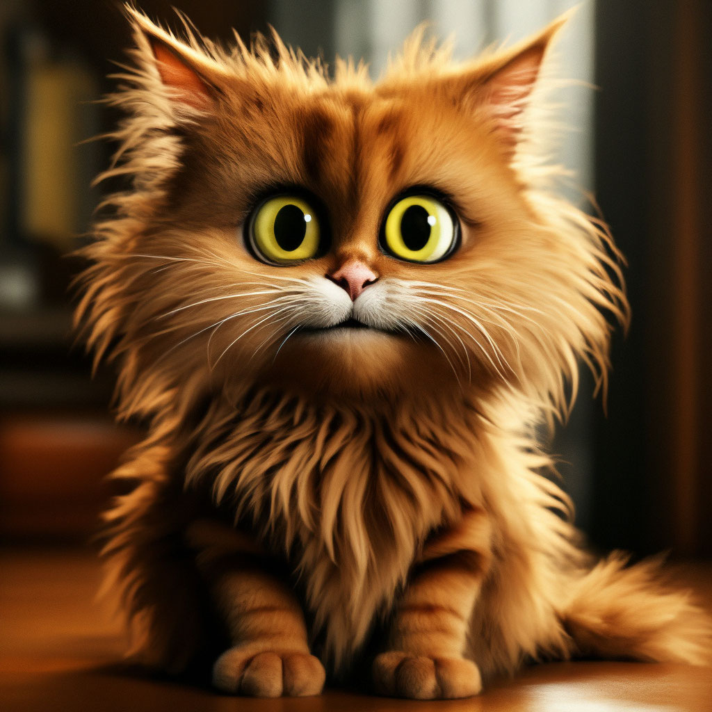 "Creep fluffy funny bug-eyed cat has 7 lives, smiles, sits, funny eyes ...