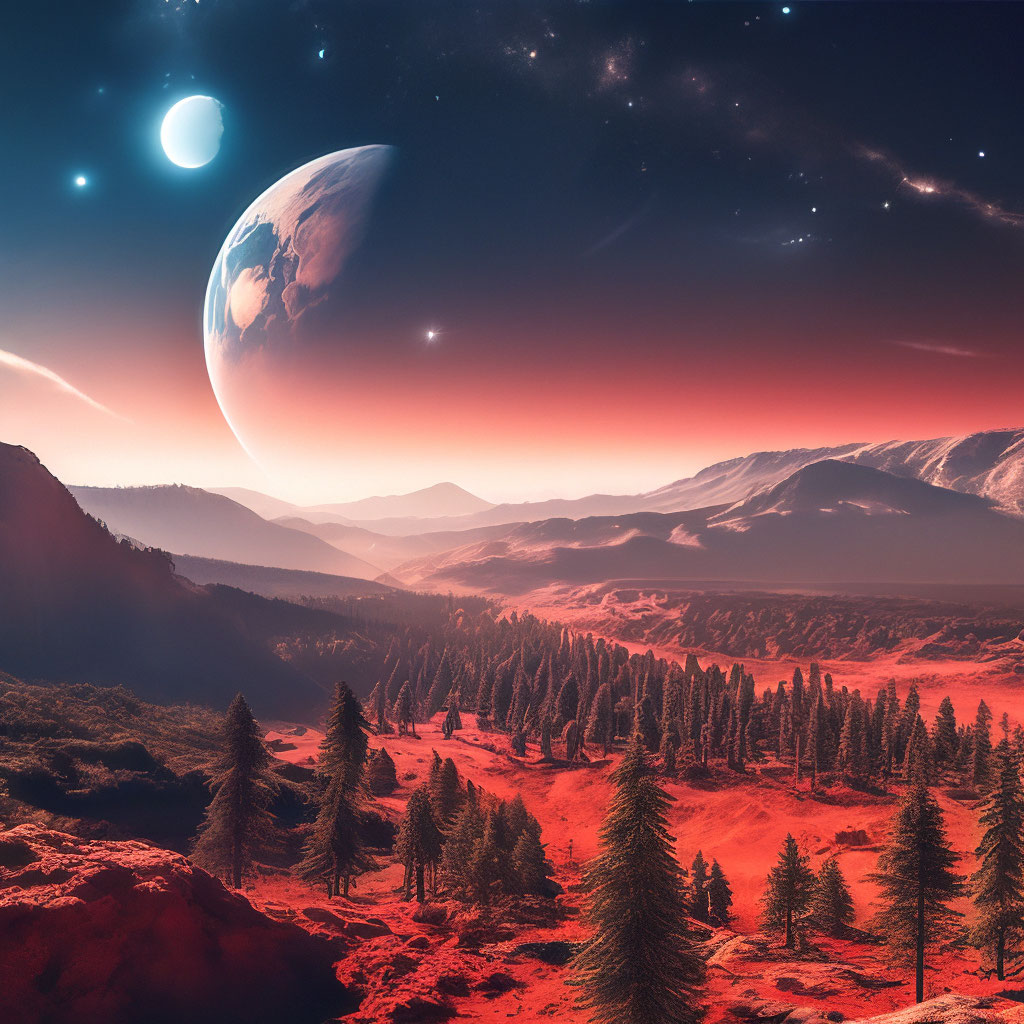 "Planet earth and moon in the sky landscape on mars, trees and forest ...