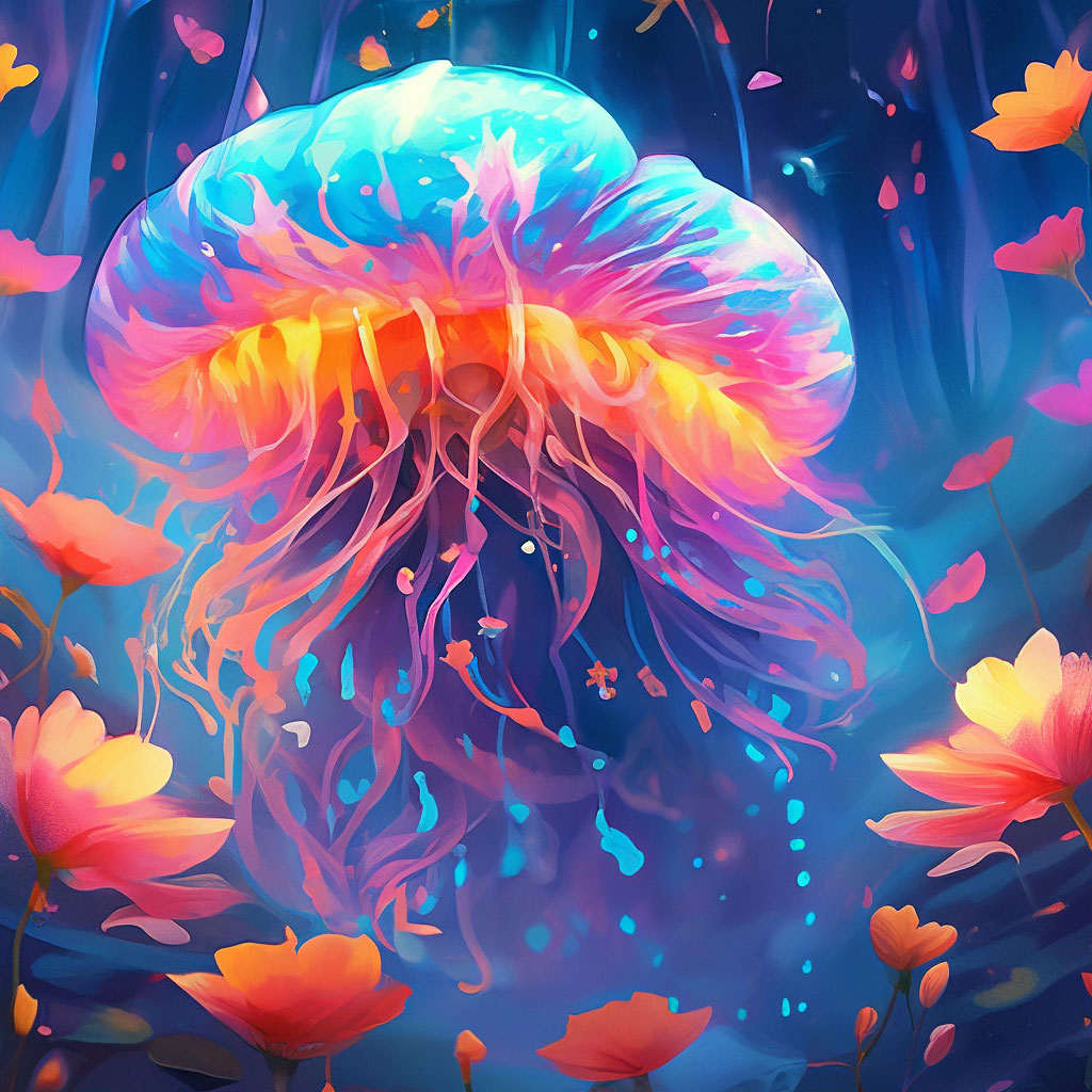 "Mythical animal, jellyfish, full-length, abstract painting, flowers ...