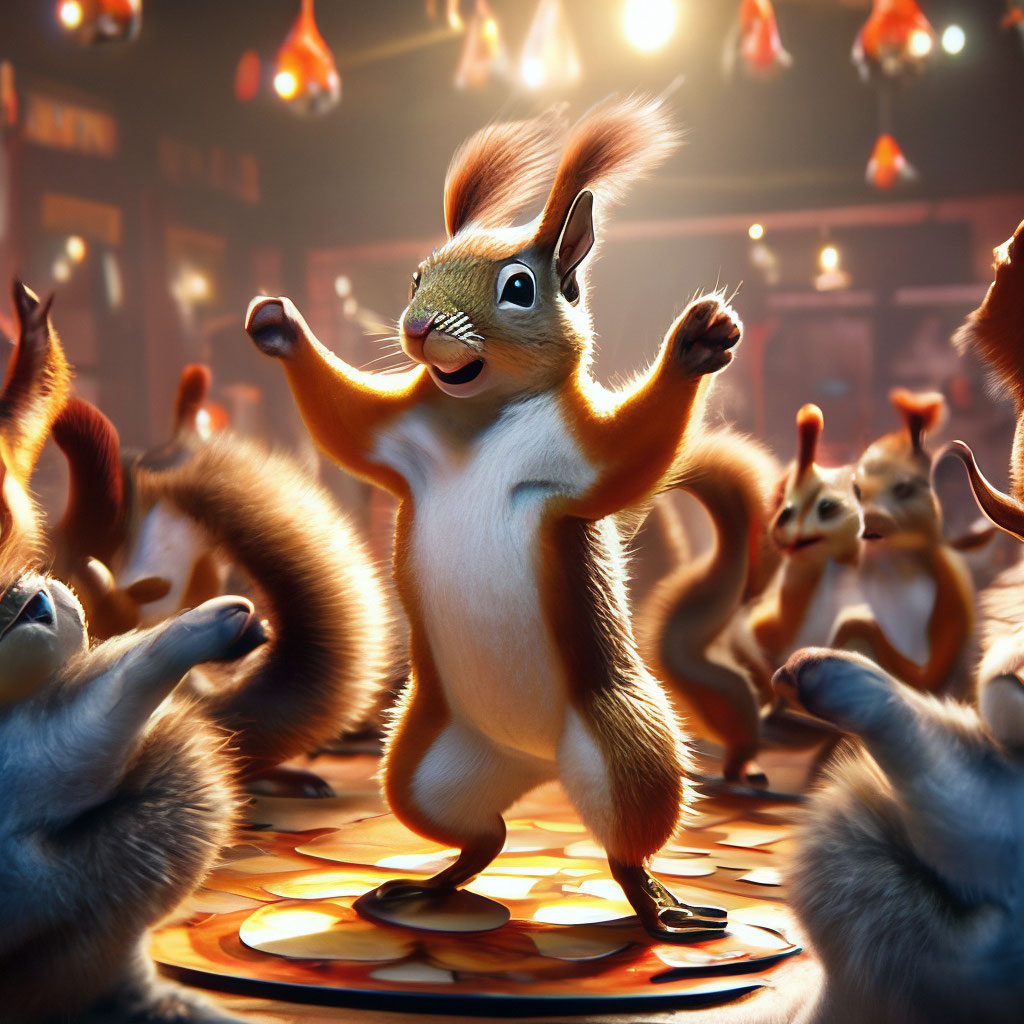 "Squirrel dancing with friends in a club" — image created in Shedevrum