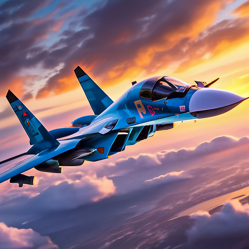 "The Su-34 fighter jet flies in the dawn sky" — image created in Shedevrum