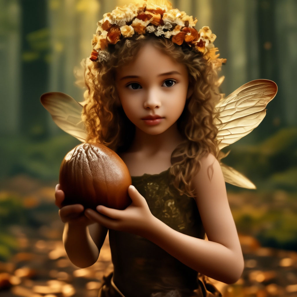 "A realistic shot of a forest, a little fairy carrying a huge acorn ...