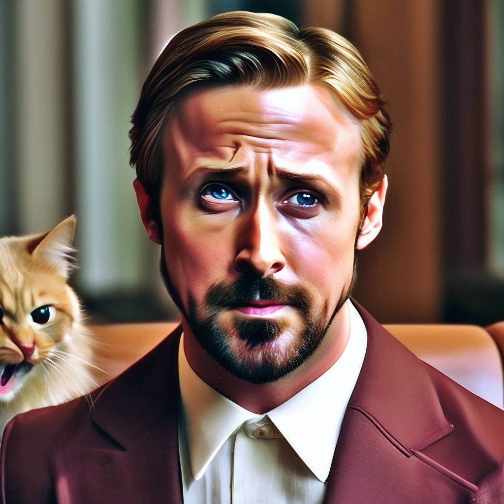 "Ryan Gosling is very angry at the cat" — image created in Shedevrum