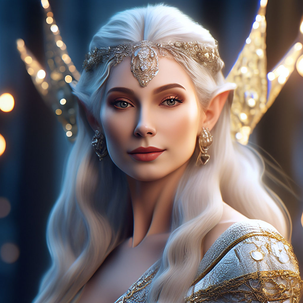 "Elf Queen bright hair sharp ears delicate facial features highly ...