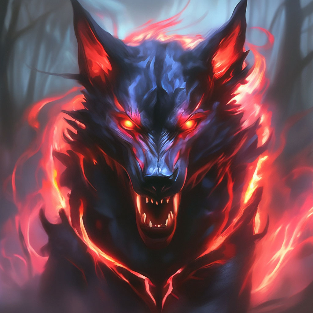 "Realism, fiery black, pink, orange, neon, anthropomorphic cerberus ...