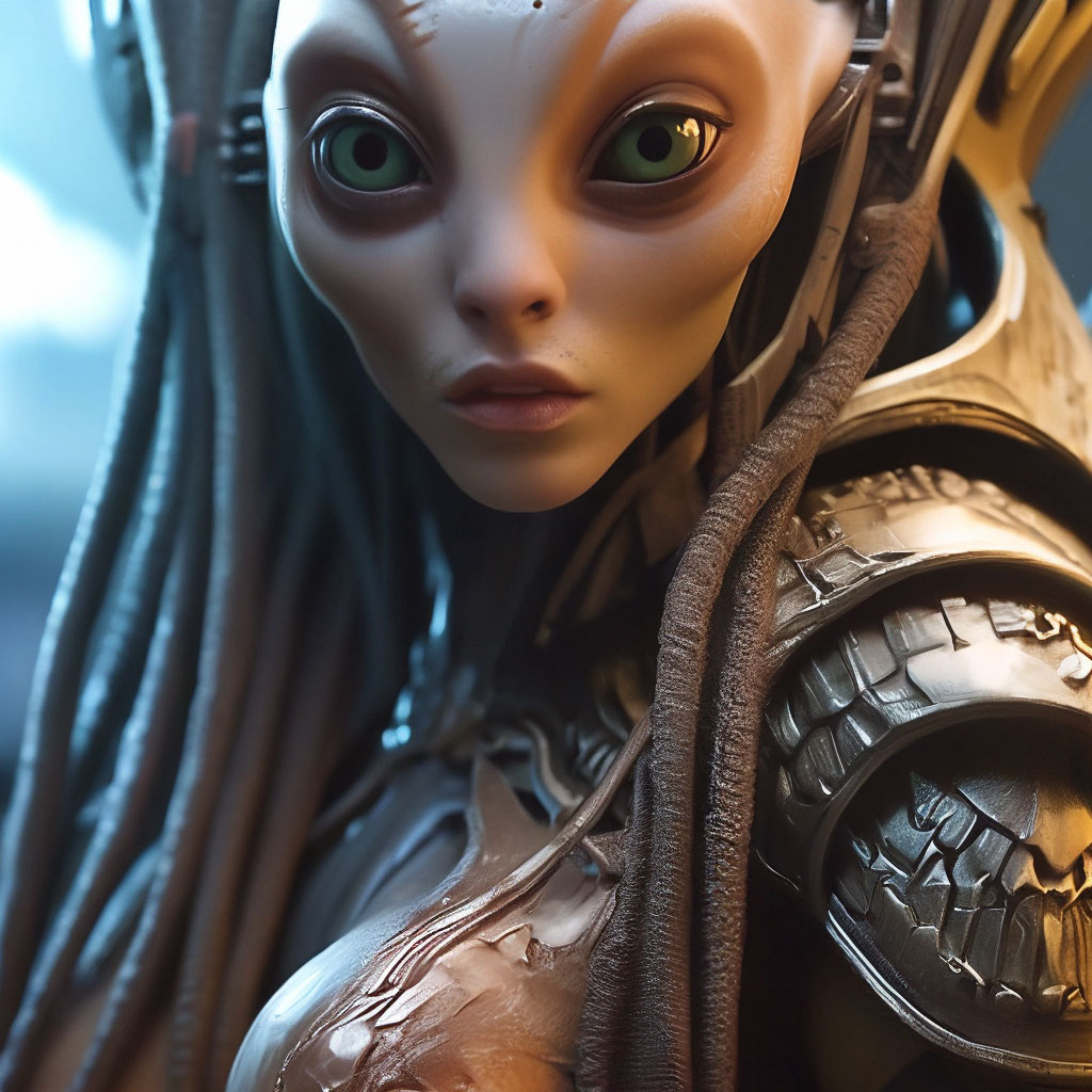 "A seductive alien. humanoid. hairstyle. long hair. wide hips. very big ...