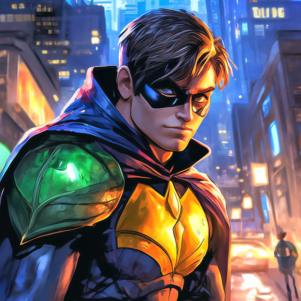 "Cuberpank, 1200k, Robin, DC comics, watercolor, bright, full-length ...