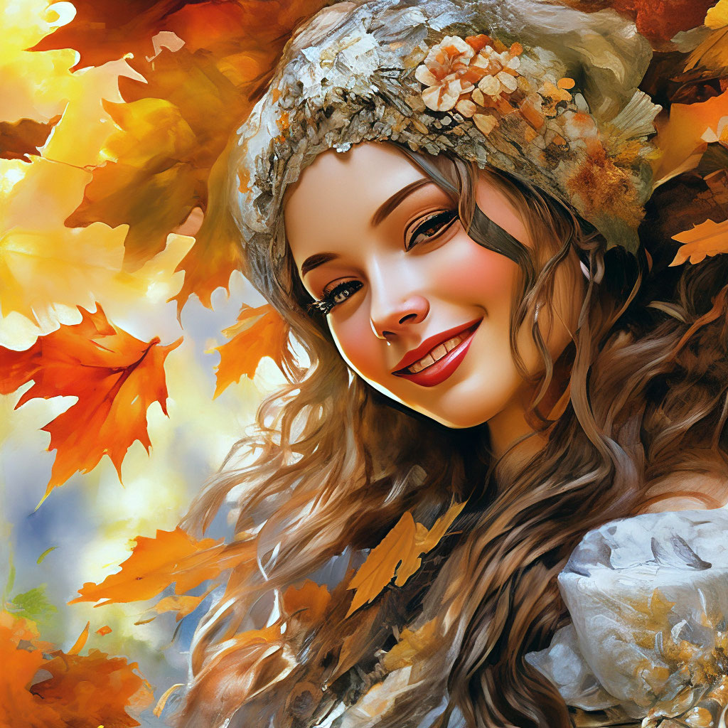 "October girl, watercolor drawing, autumn leaf fall, fractals, haze ...