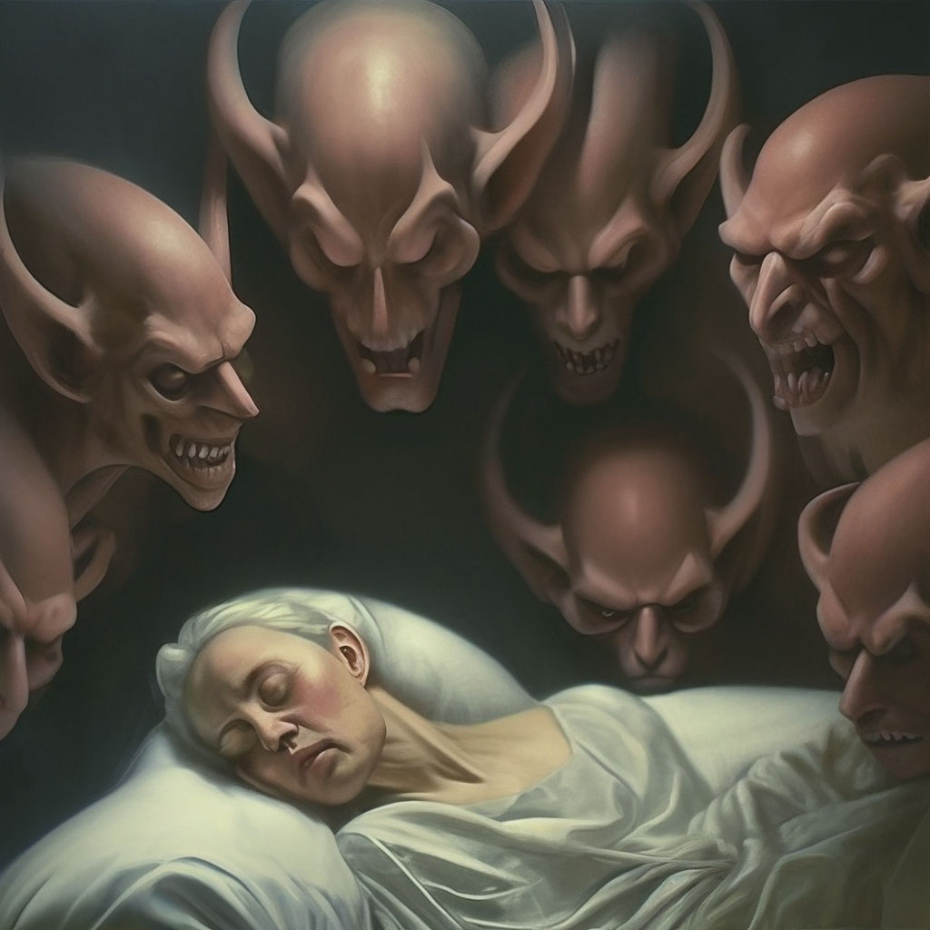"Demons are watching a person who is sleeping" — image created in Shedevrum