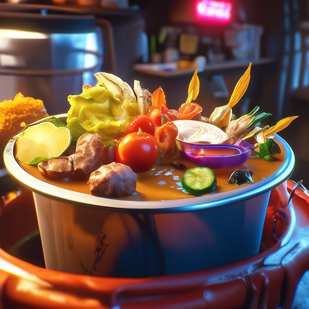"Zhrichodali , food, bucket with slop, hyperdetalization,overrealism ...